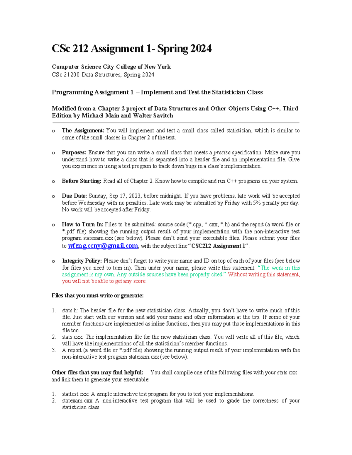 CSc 21200 Assignment 1 - Classes and namespaces - CSc 212 Assignment 1- Spring 2024 Computer ...