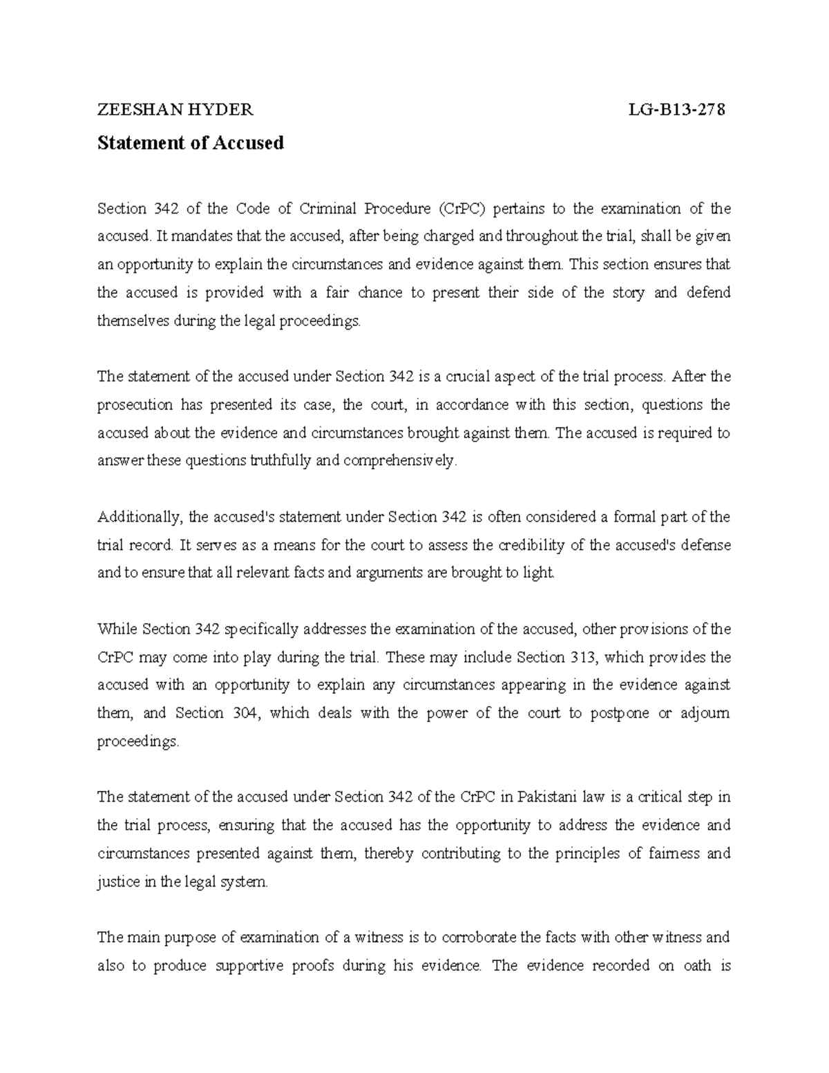 Assignment on Statement of Accused - ZEESHAN HYDER LG-B13- Statement of ...
