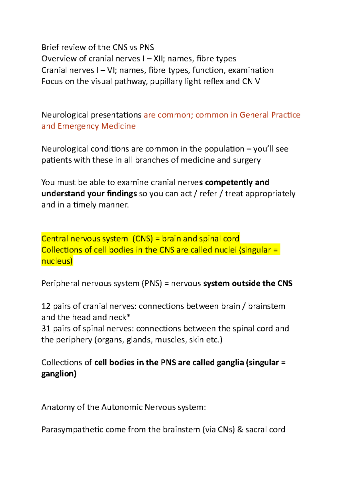 Neurology Lecture Notes Part 3 - Brief review of the CNS vs PNS ...