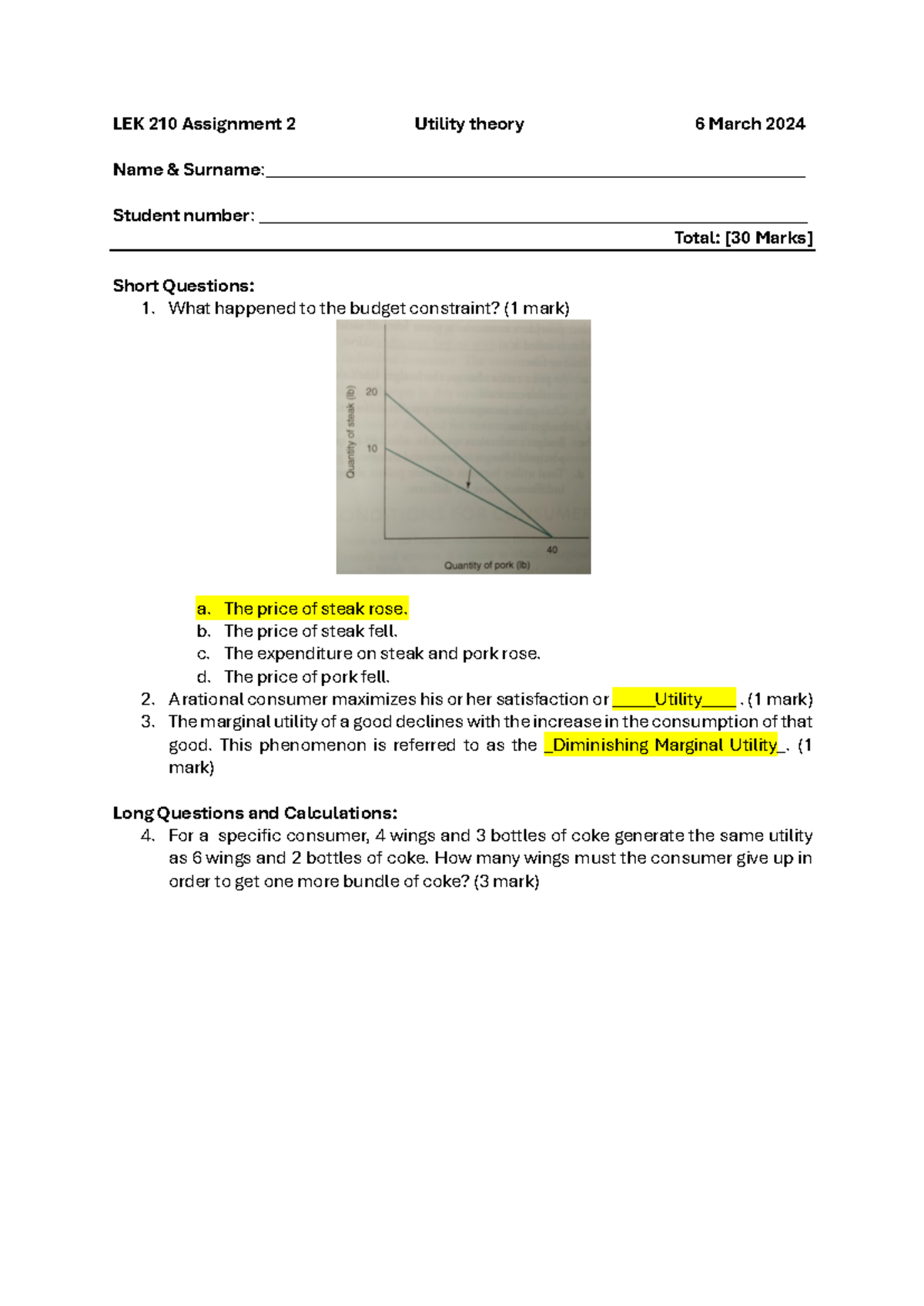 LEK 210 Practical 1 Utility theory 8 March 2024 - LEK 210 Assignment 2 ...