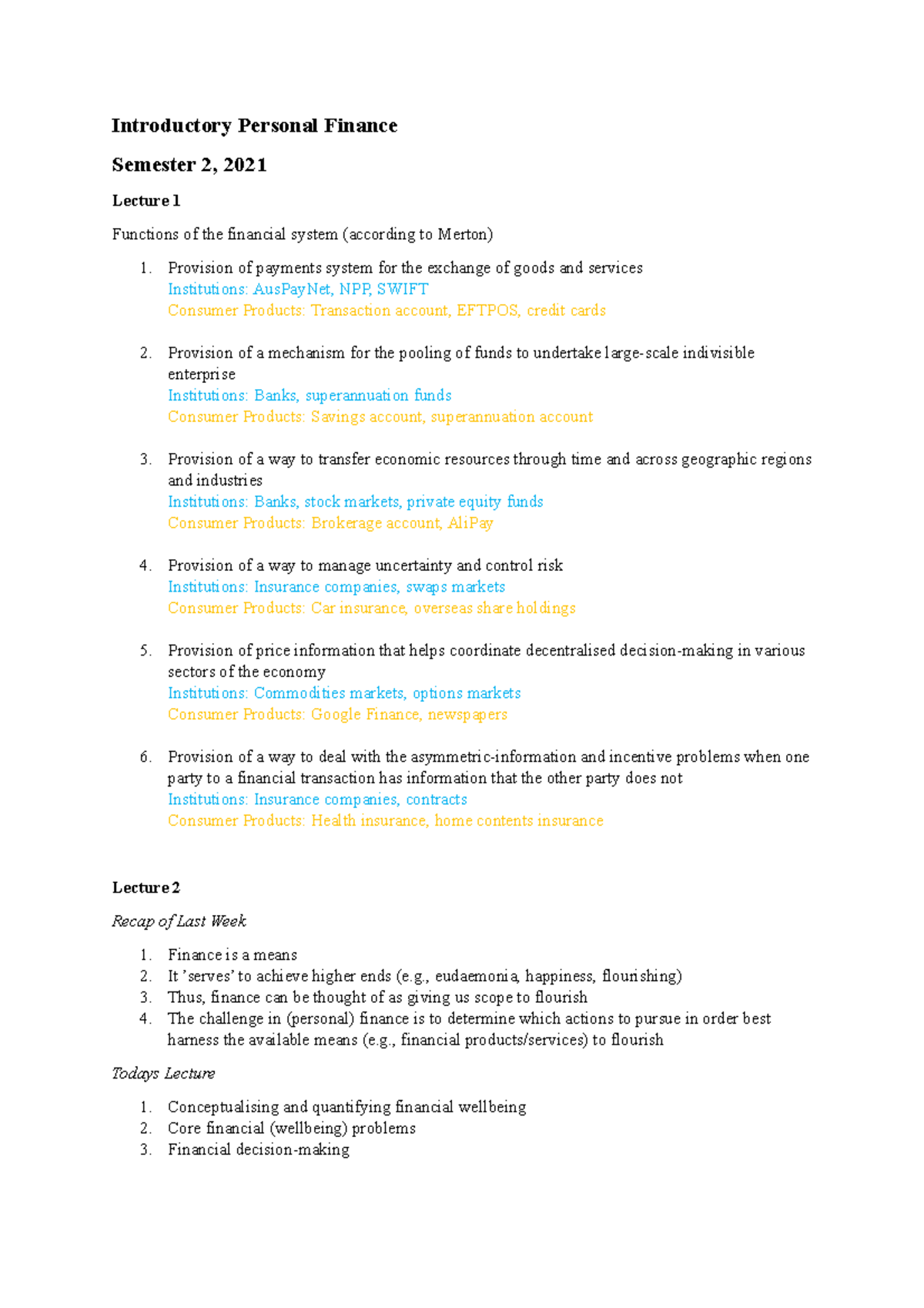 Introductory Personal Finance Subject Lecture Notes - FNCE20003 ...