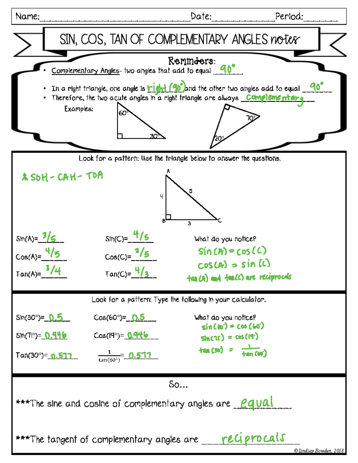 Ch 7 Cheat sheet of sheet - Reminders: • Complementary Angles- two angles that add to equal ...