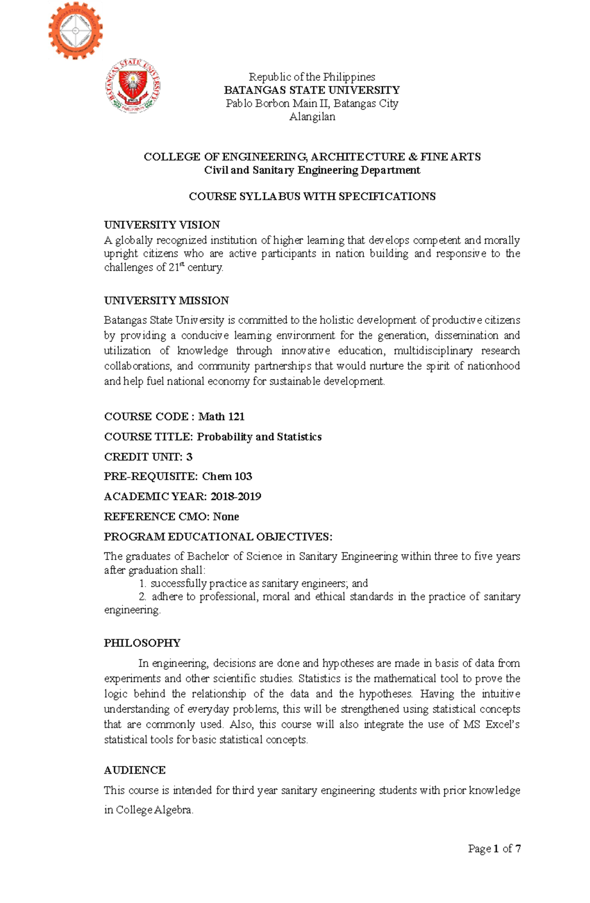 Course specs se - Republic of the Philippines BATANGAS STATE UNIVERSITY ...