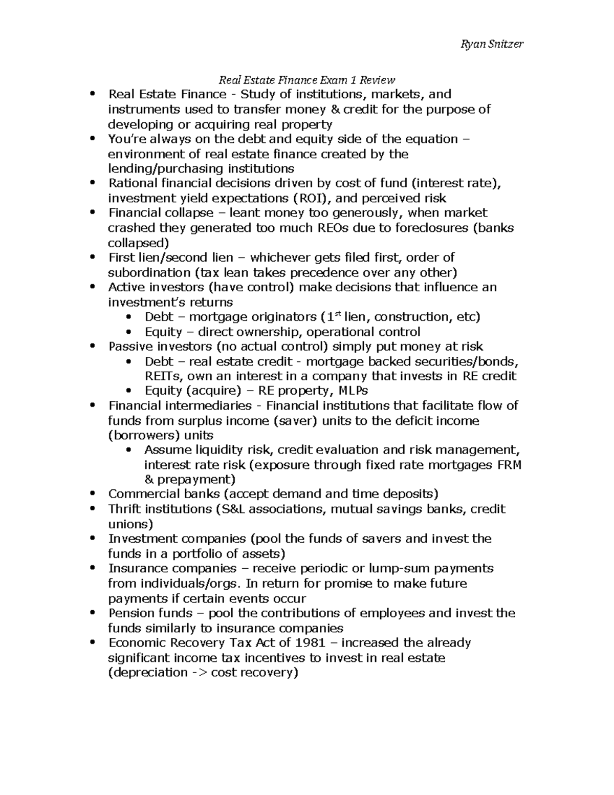 Real Estate Finance Exam 1 Review - Real Estate Finance Exam 1 Review ...
