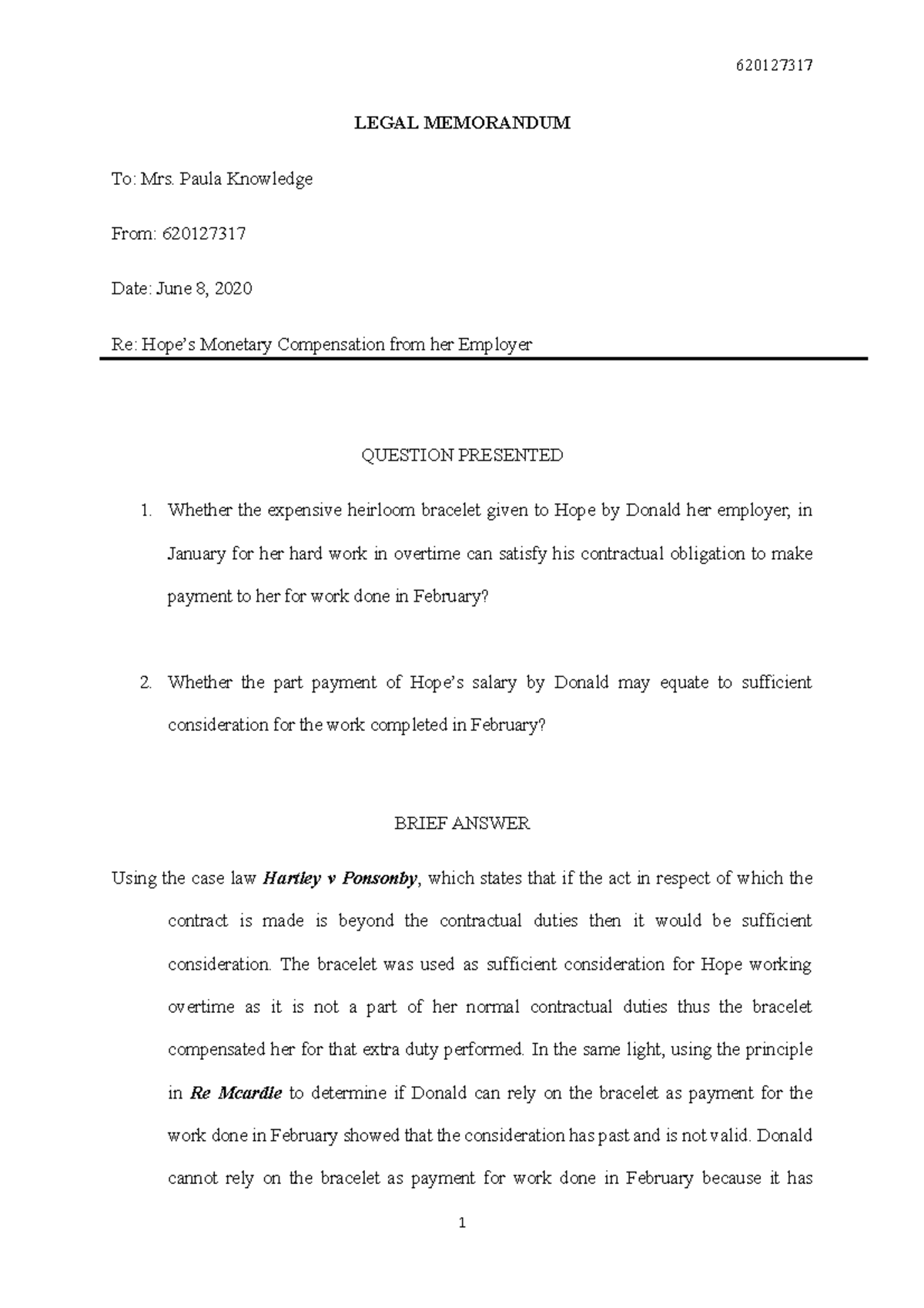Legal Memorandum Final Draft - LEGAL MEMORANDUM To: Mrs. Paula ...