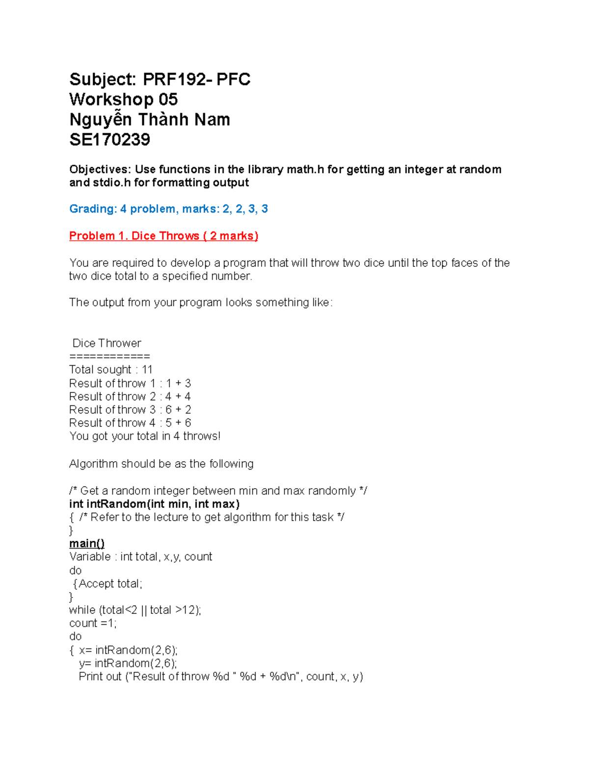 Workshop 05-PRF192 - Programming Fundamentals - FPT - Studocu