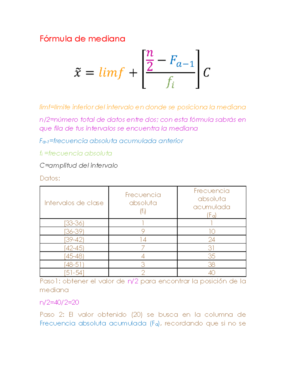 Explicación mediana y moda - Fórmula de mediana limf=límite inferior ...