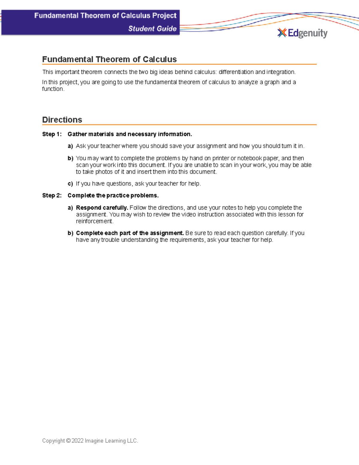 Unit 6b Project Student Guide - Fundamental Theorem of Calculus This ...