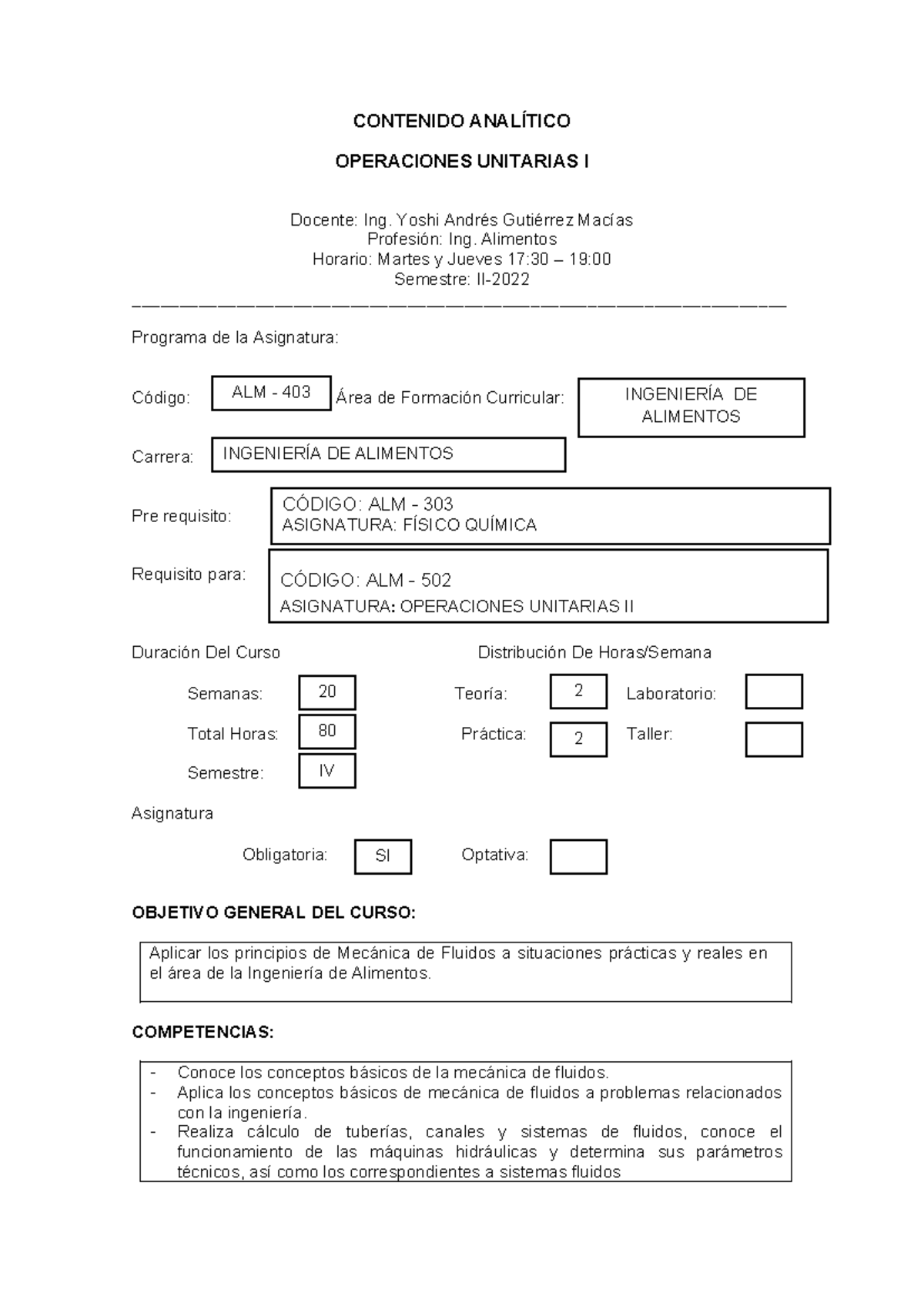 Operaciones Contenido Unslp - CONTENIDO ANALÍTICO OPERACIONES UNITARIAS ...