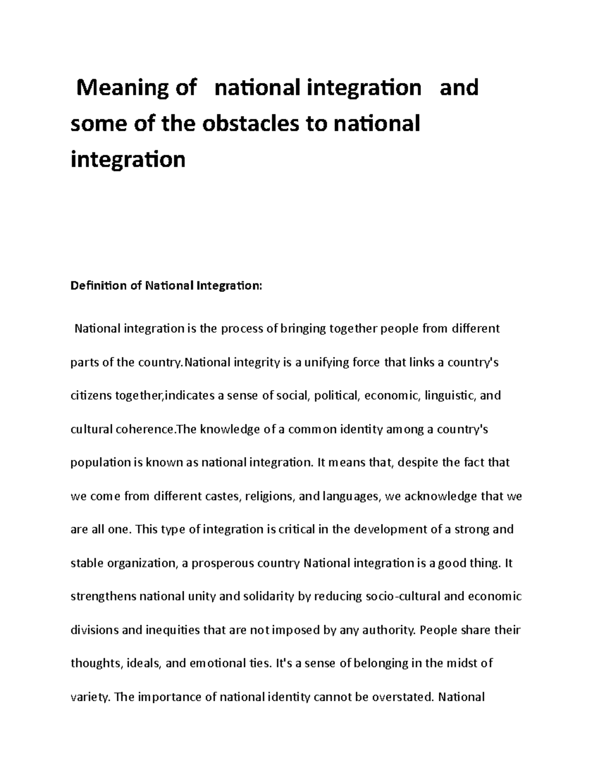 Meaning of national integration and some of the obstacles to national ...