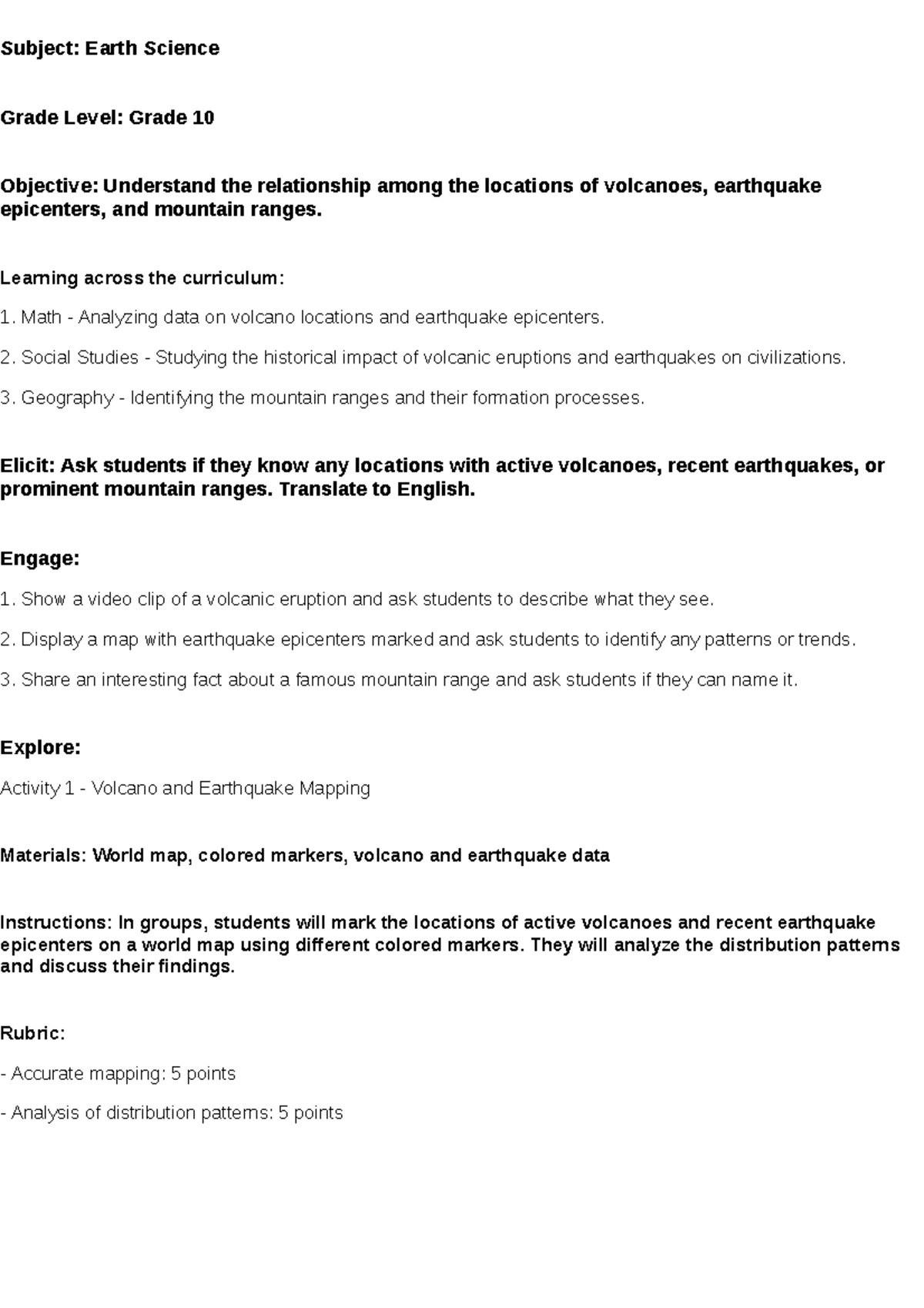 Lesson plan - Subject: Earth Science Grade Level: Grade 10 Objective ...