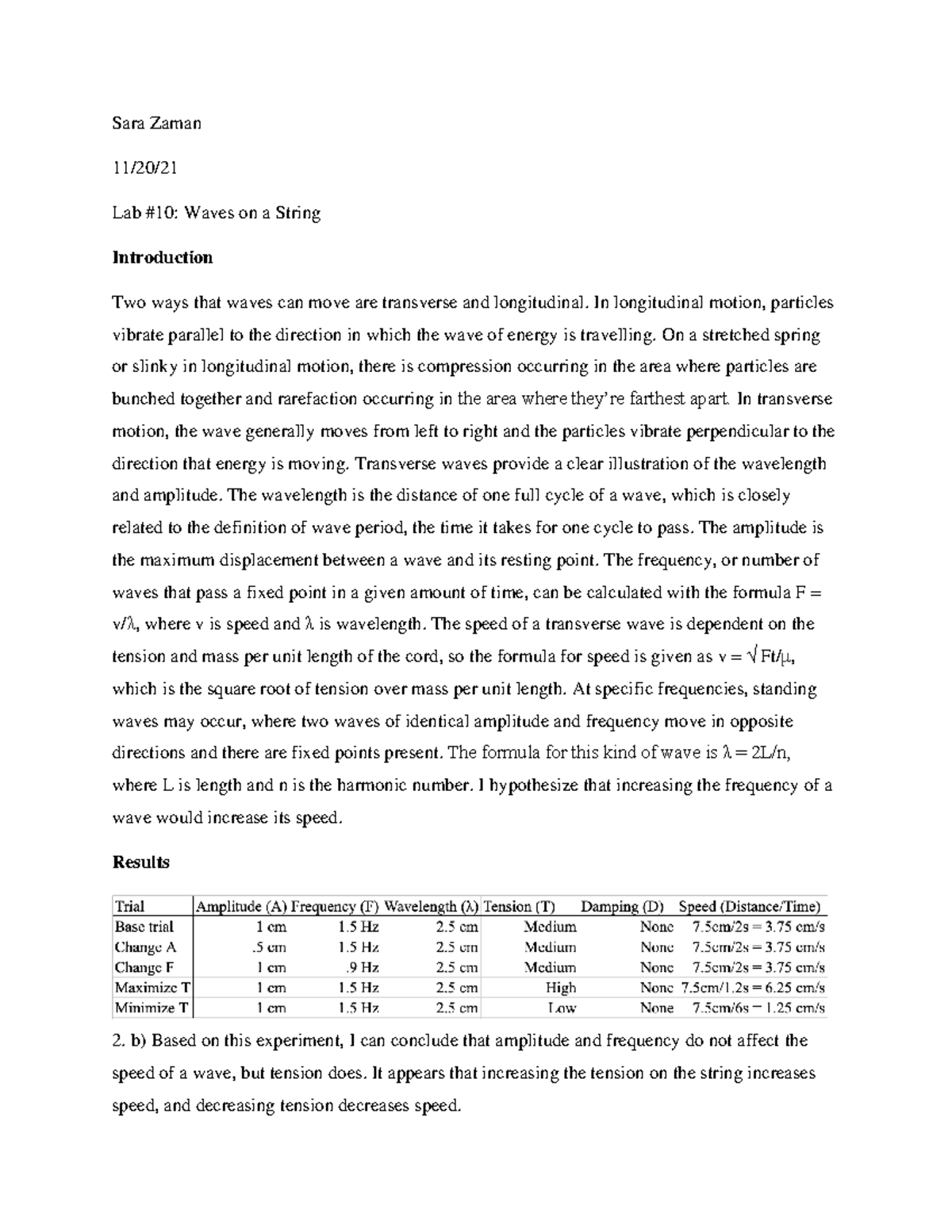 Lab 10 Waves on a String - lab report - Sara Zaman 11/20/ Lab #10: Waves on a String ...