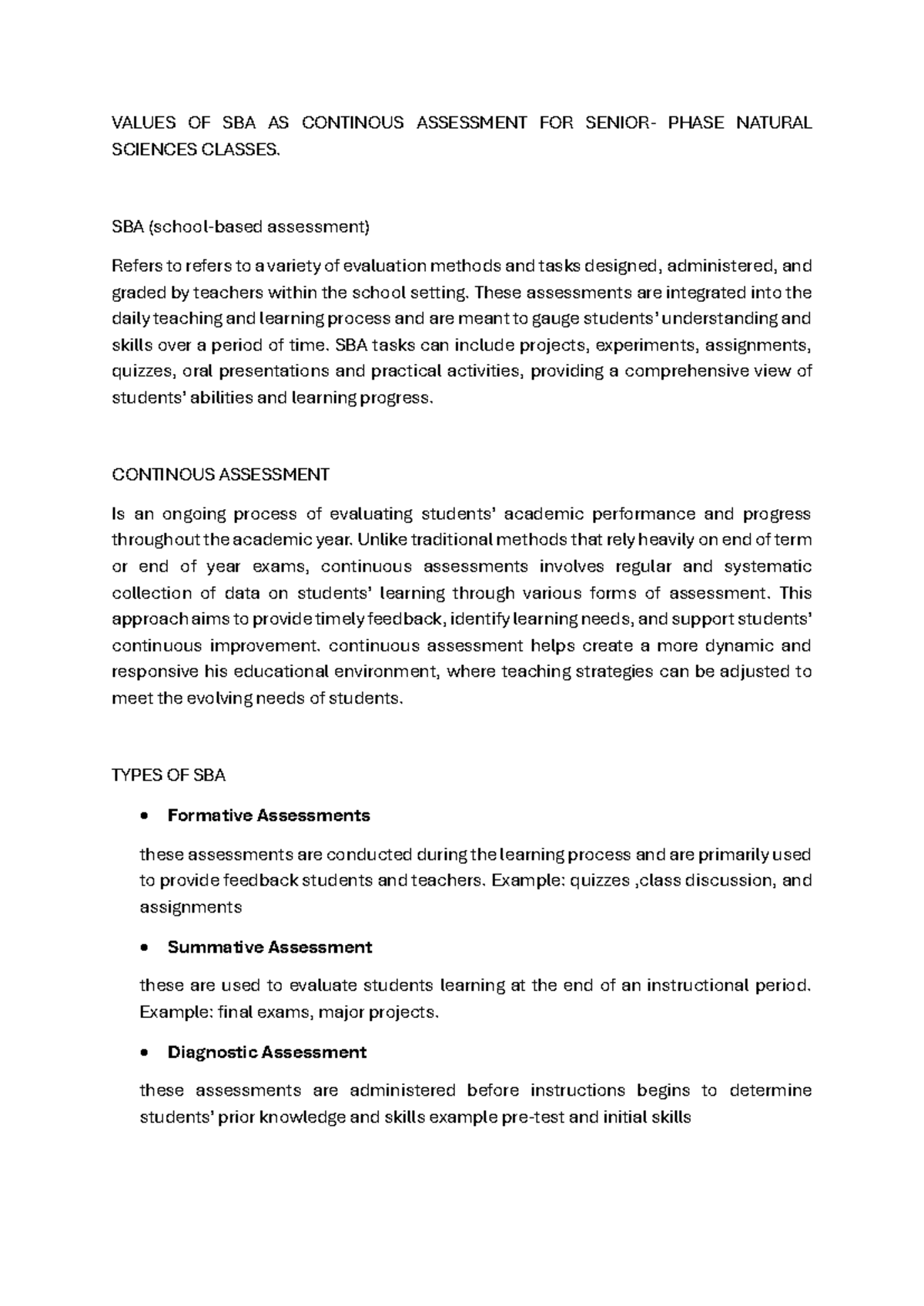 Mabuke land task SBA 095420 - VALUES OF SBA AS CONTINOUS ASSESSMENT FOR ...
