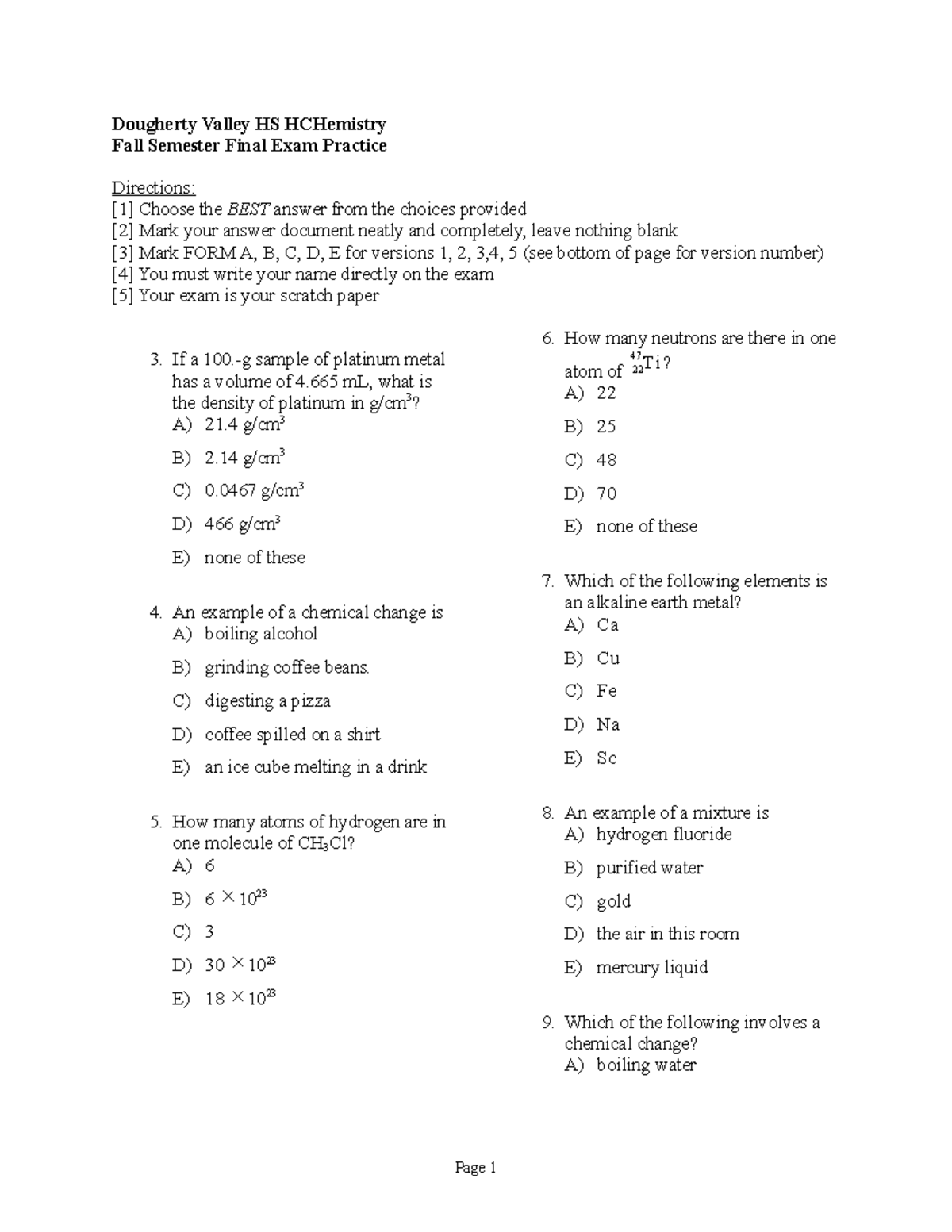 2022Honchemfallfinalpractice 1 - Dougherty Valley HS HCHemistry Fall ...