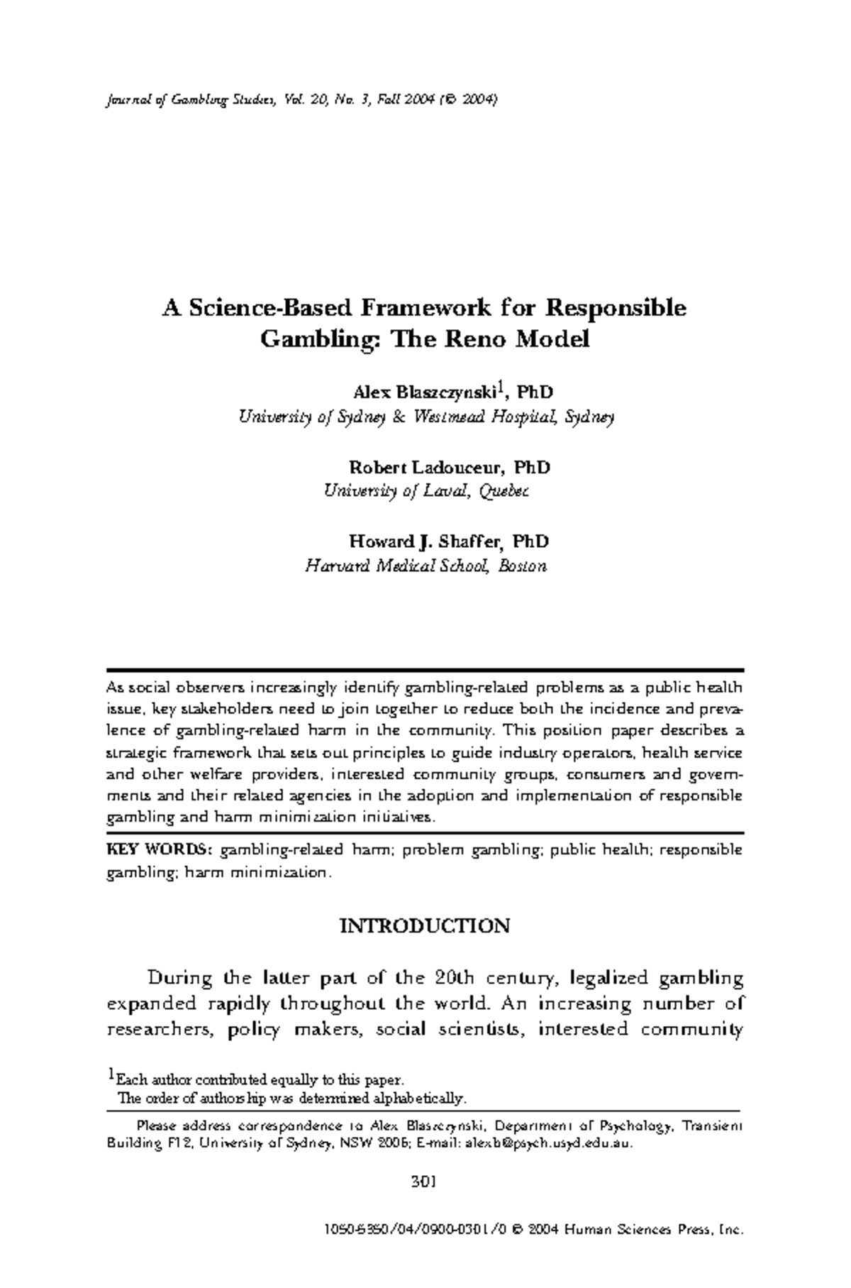 A Science-Based Framework for Responsible Gambling The Reno Model - A ...