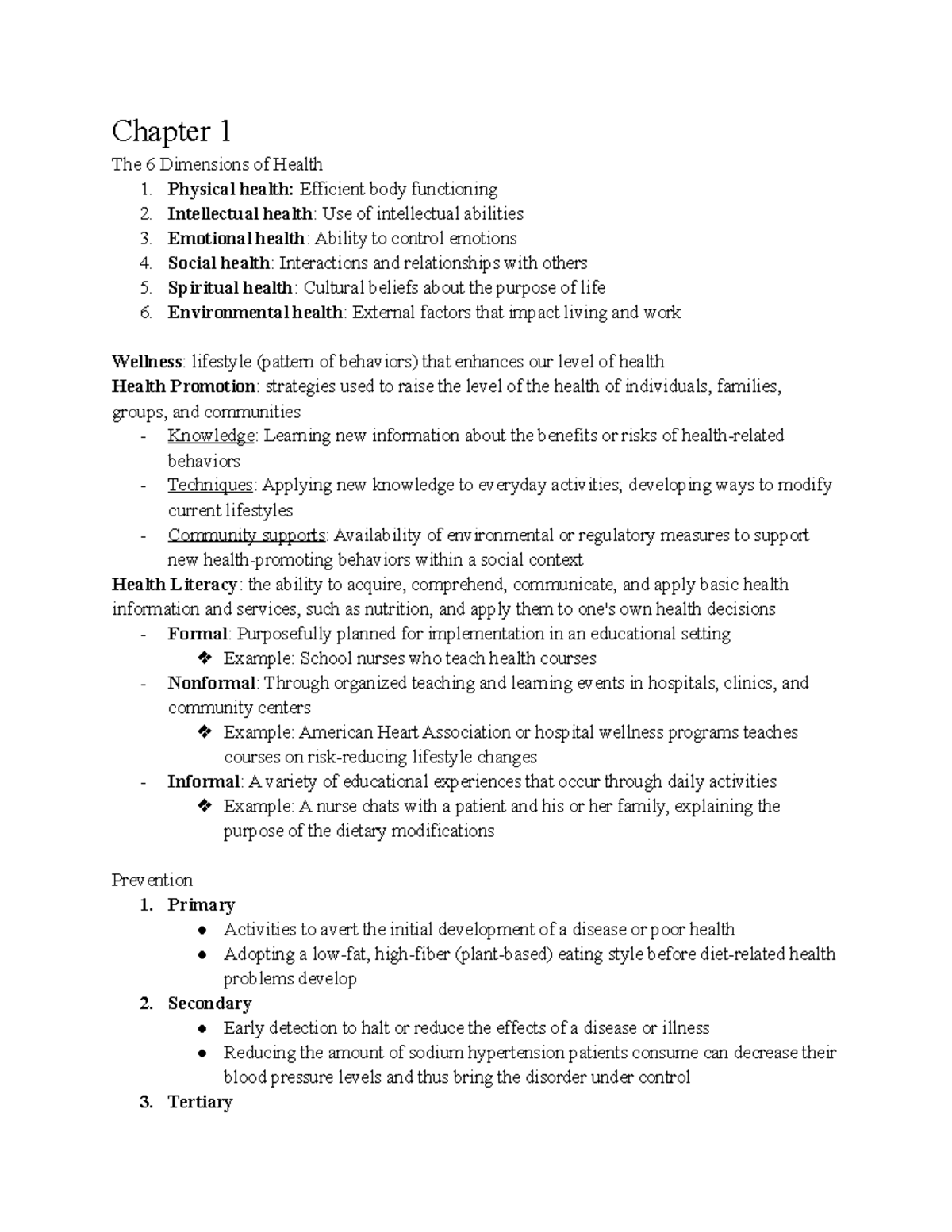 Nutrition Week 1 - Chapter 1 The 6 Dimensions of Health 1. Physical ...