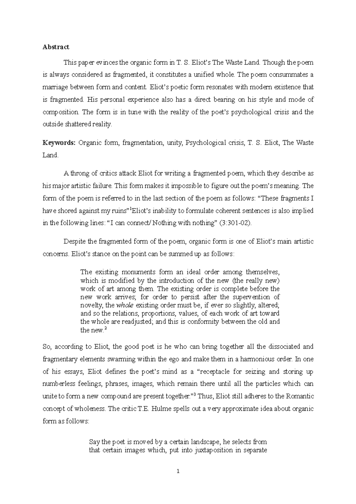 Organic Unity in T. S. Eliot’s The Waste Land - Abstract This paper ...
