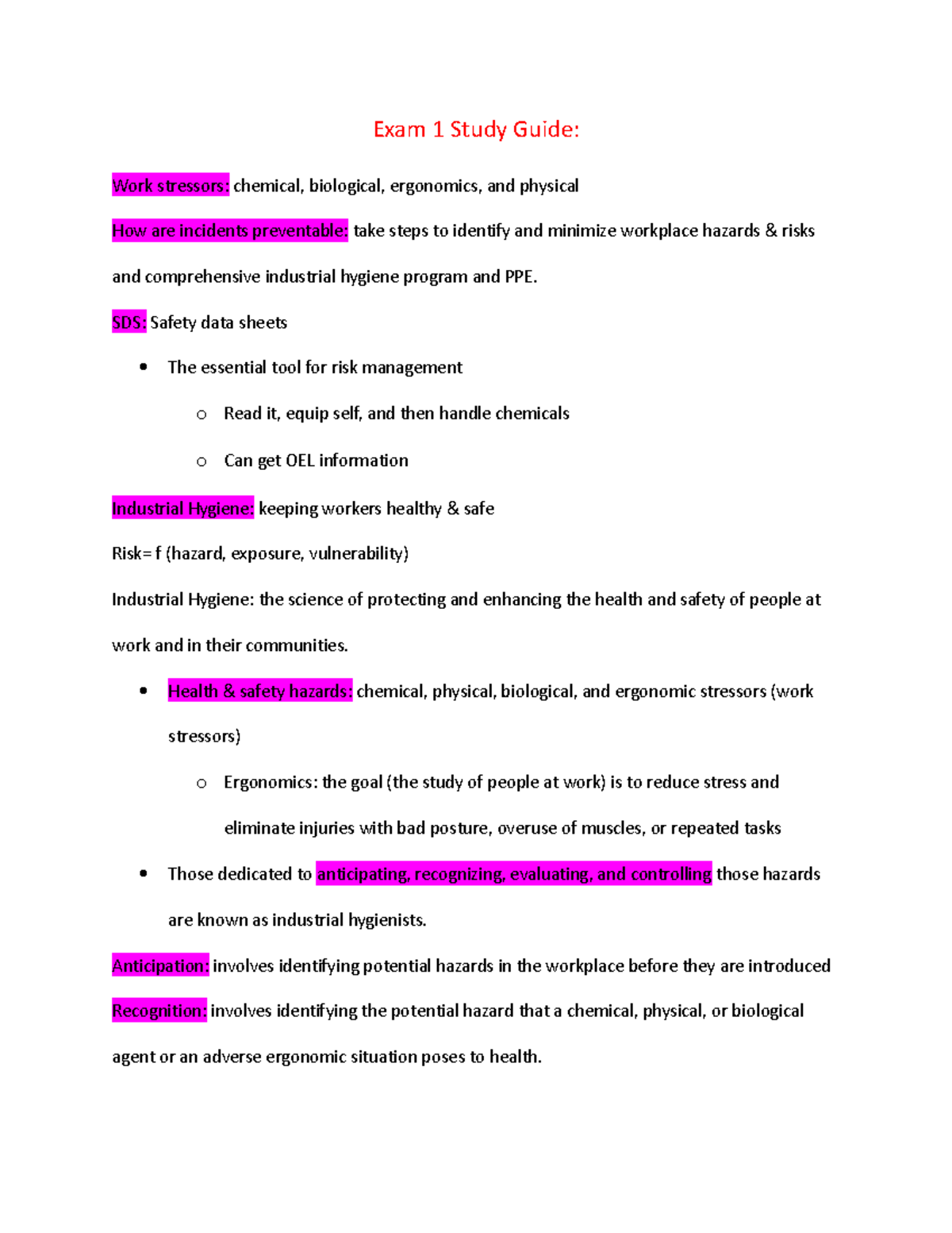 Industrial Hygiene Exam 1 Study Guide - Exam 1 Study Guide: Work ...