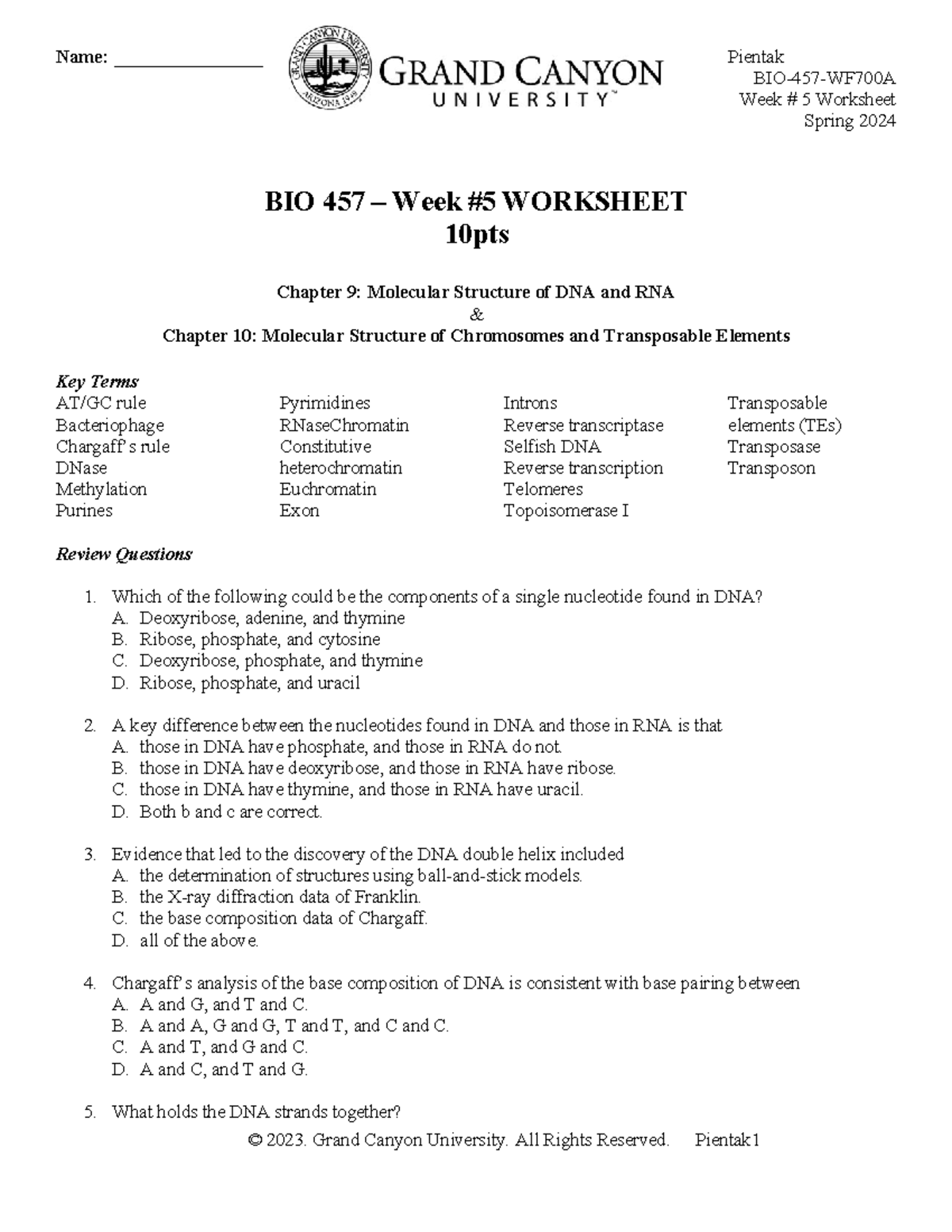 BIO-457-Week #5 Worksheet - Name: ________________ Pientak BIO-457 ...
