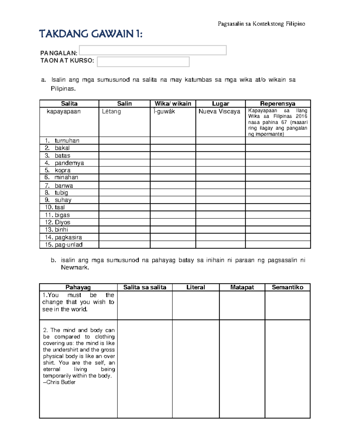 Takdang Aralin 1 Pagsasalin sa wika - una - Pagsasalin sa Kontekstong ...