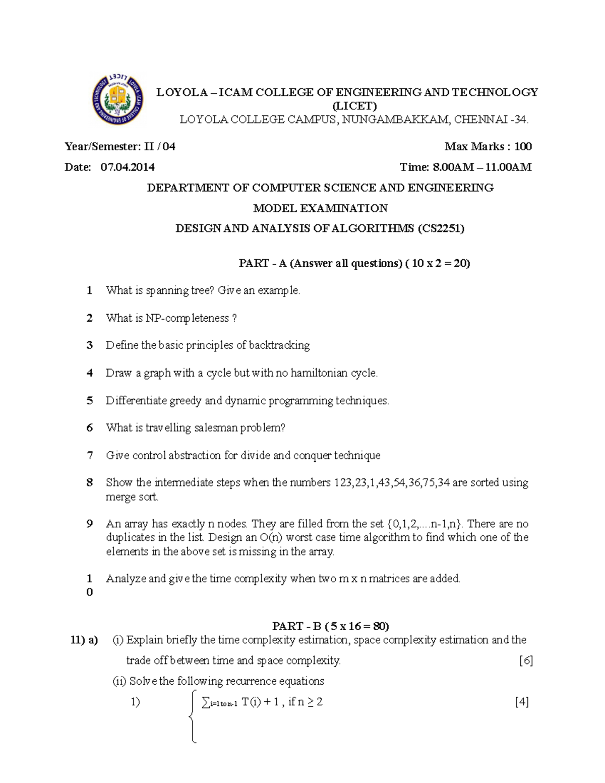 Model - QP - SET1-DAA-REME - LOYOLA – ICAM COLLEGE OF ENGINEERING AND TECHNOLOGY (LICET) LOYOLA ...