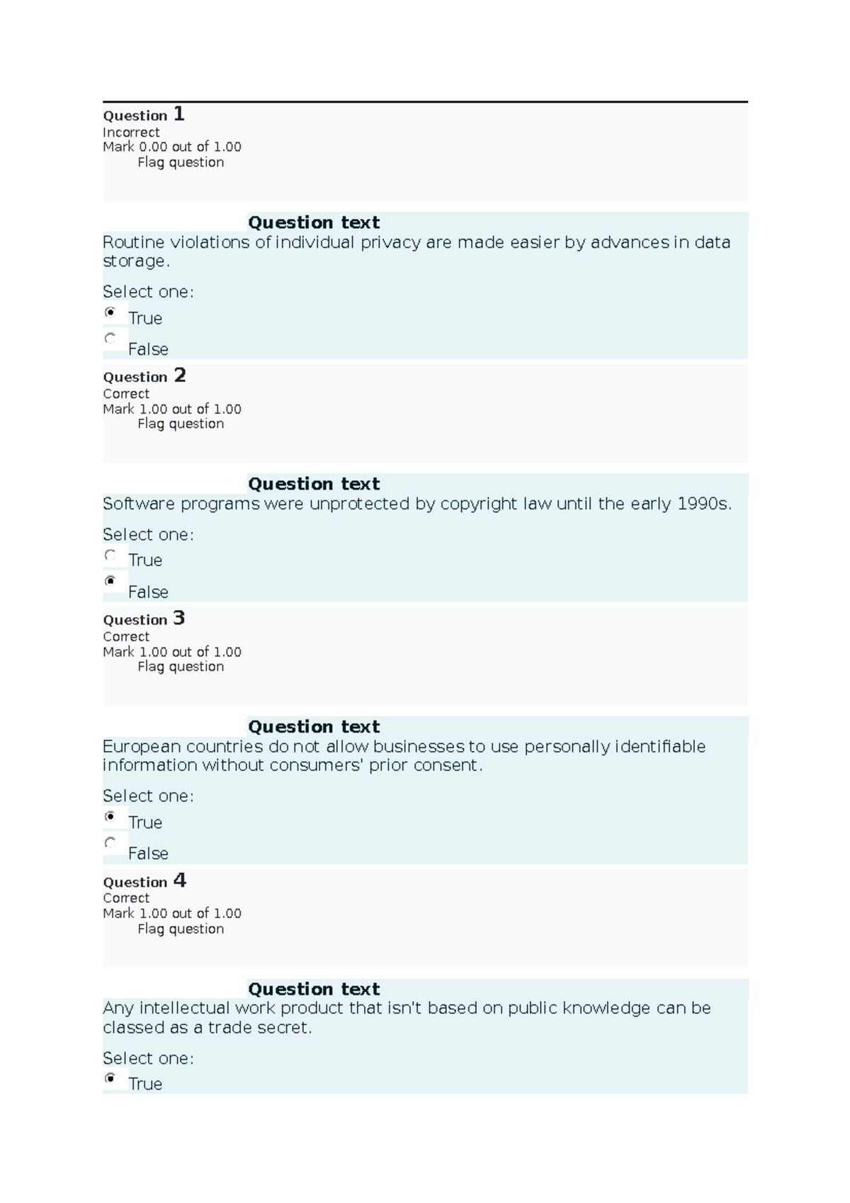 Quiz4 - Opaaaaaa - Question Incorrect 1 Mark 0 out of 1 question ...