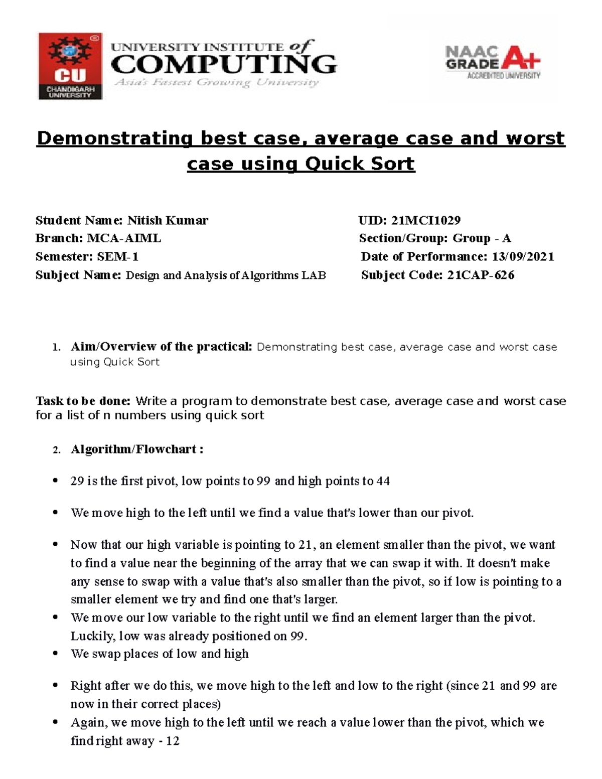 Data Sturcture And Algorithm Demonstrating Best Case Average Case And Worst Case Using Quick