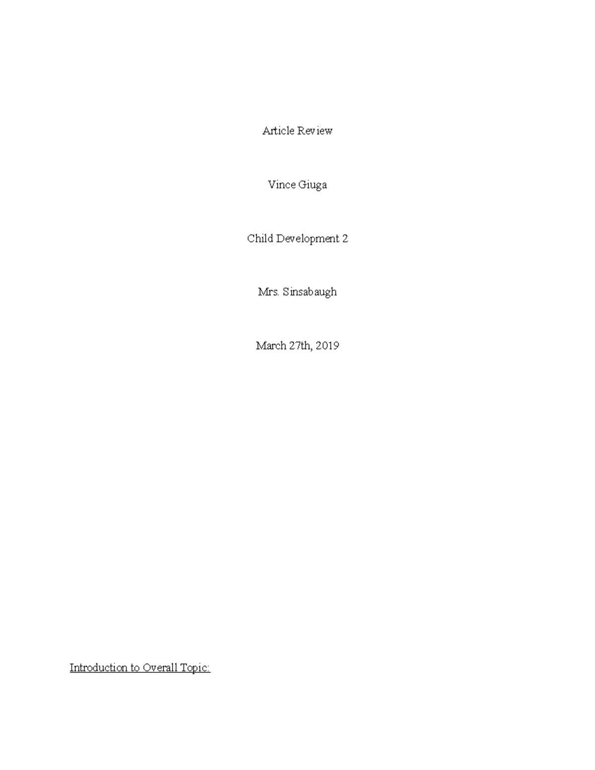 Article Review Paper - Grade: B+ - Article Review Vince Giuga Child ...
