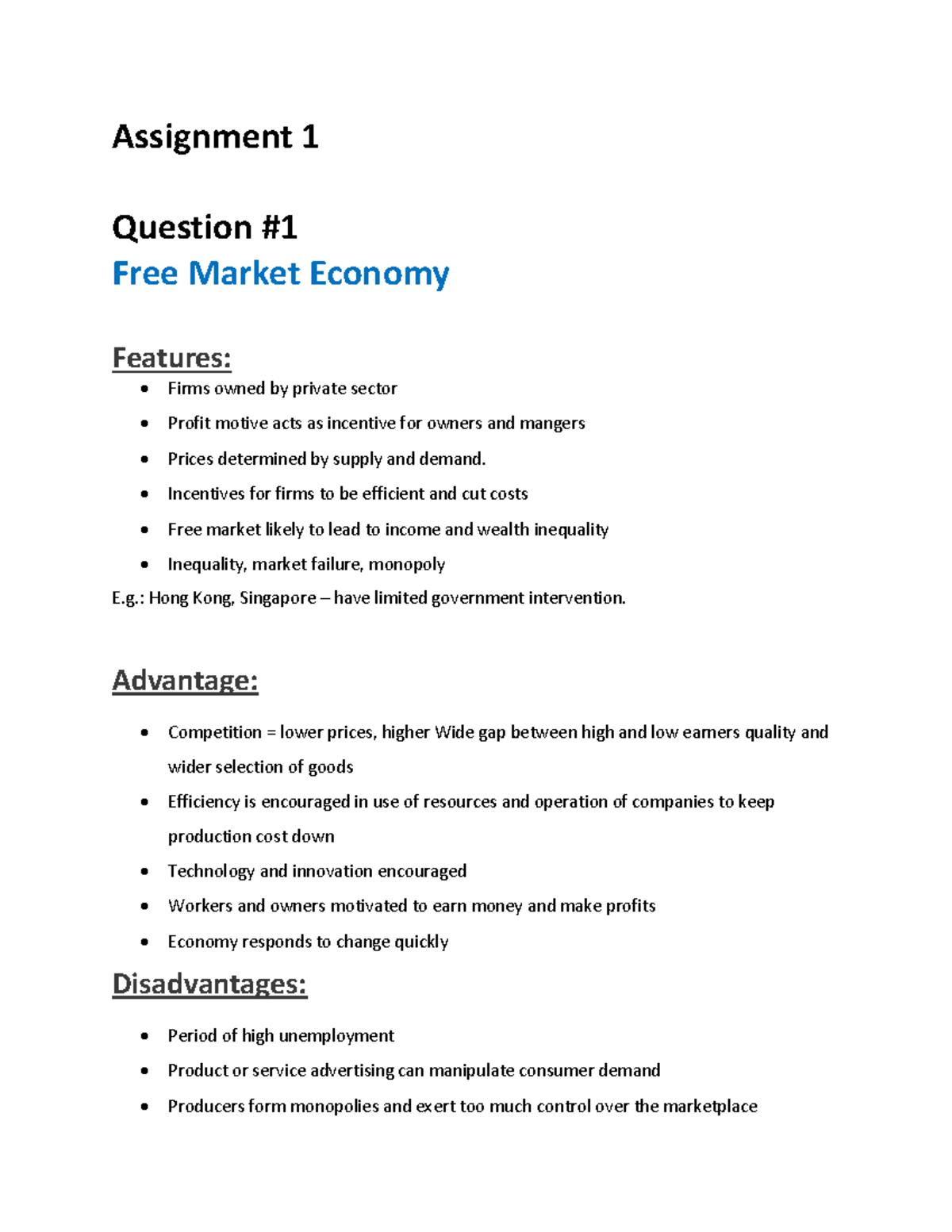 Assingment 1 - Assignment 1 Question Free Market Economy Features ...