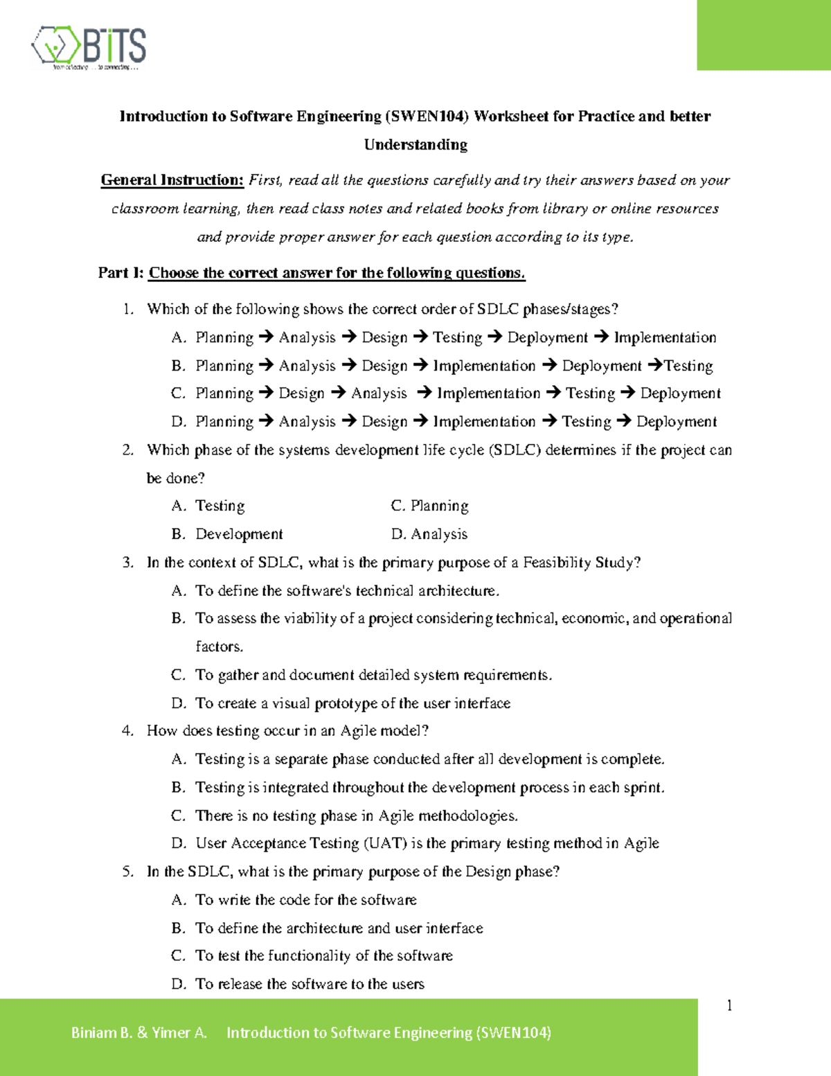 Intro.to Software Engineering Worksheet -Chapter 2 - 1 Introduction to ...