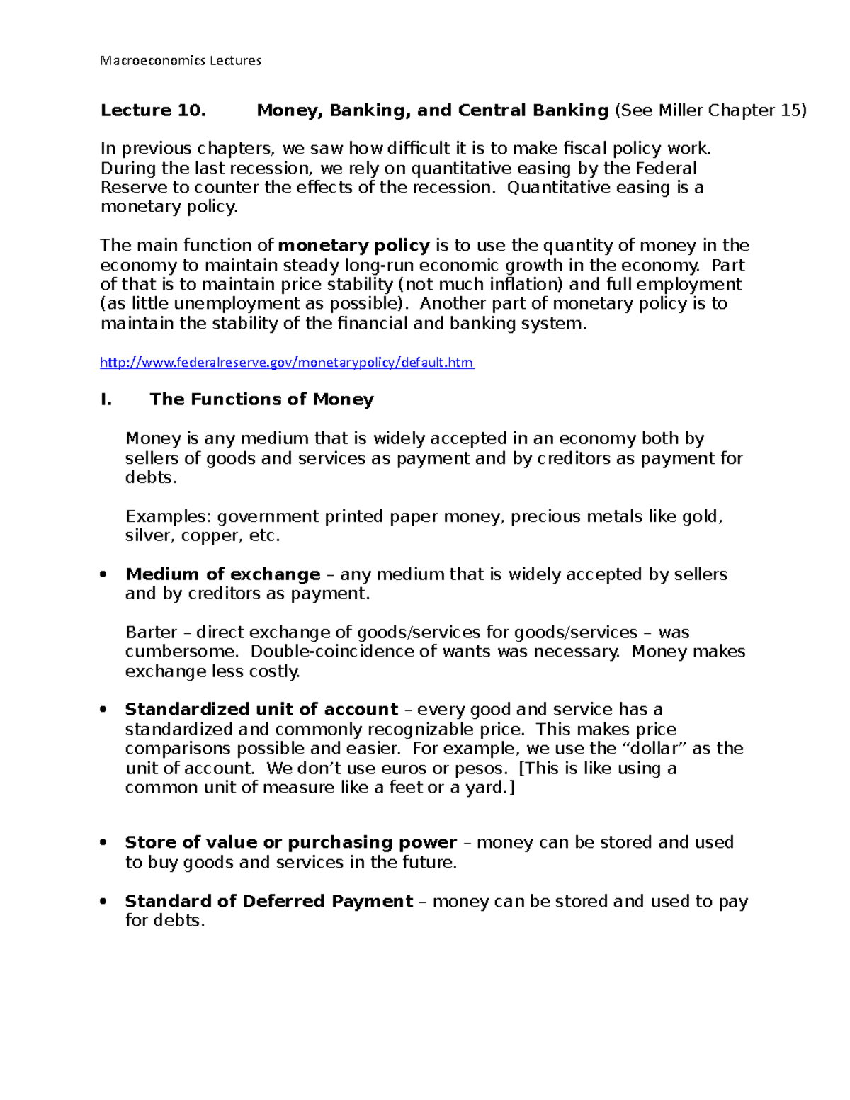 Macroeconomics Lectures for test 3 - Macroeconomics Lectures Lecture 10 ...