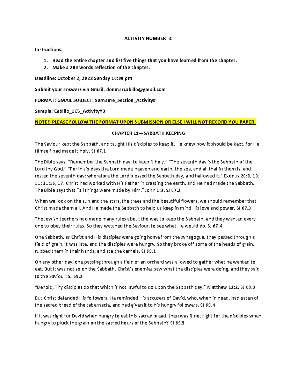 Activity 3 Life and Teaching - ACTIVITY NUMBER 3: Instructions: 1. Read ...