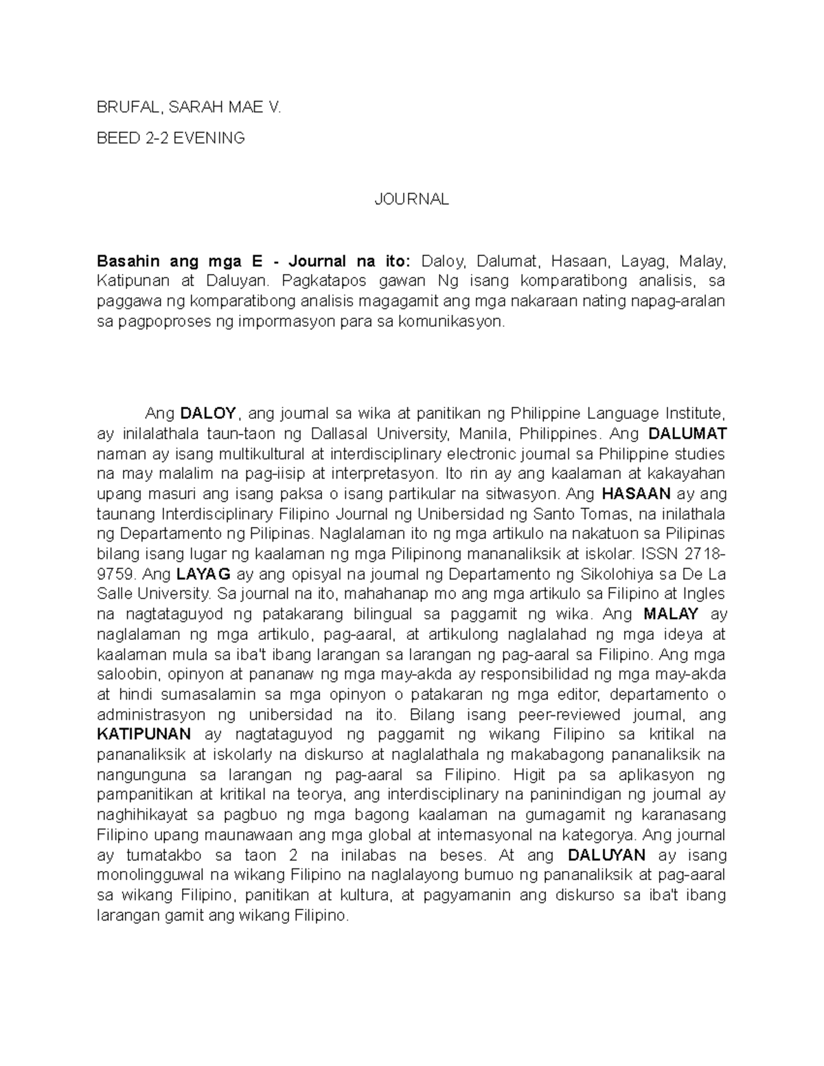 Brufal, Sarah MAE V. - Journal - BRUFAL, SARAH MAE V. BEED 2-2 EVENING ...