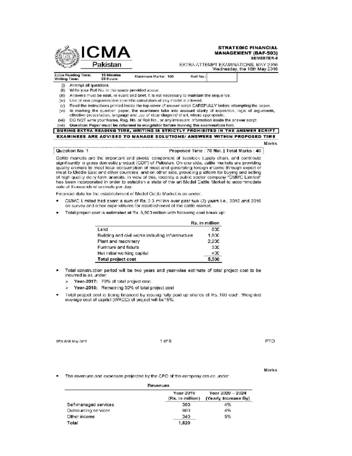 May2016 - SFM Past Paper - ICMA STRATEGIC FINANCIAL MANAGEMENT Pakistan ...