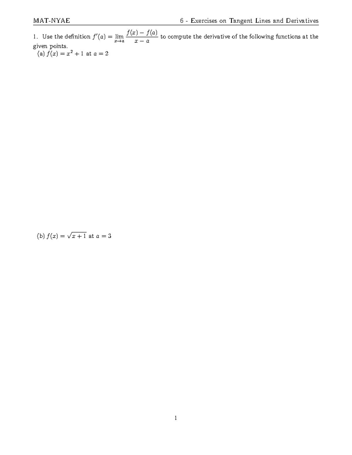 NYAE-Lab6-Derivatives - MAT-NYAE 6 - Exercises on Tangent Lines and Derivatives Use the ...