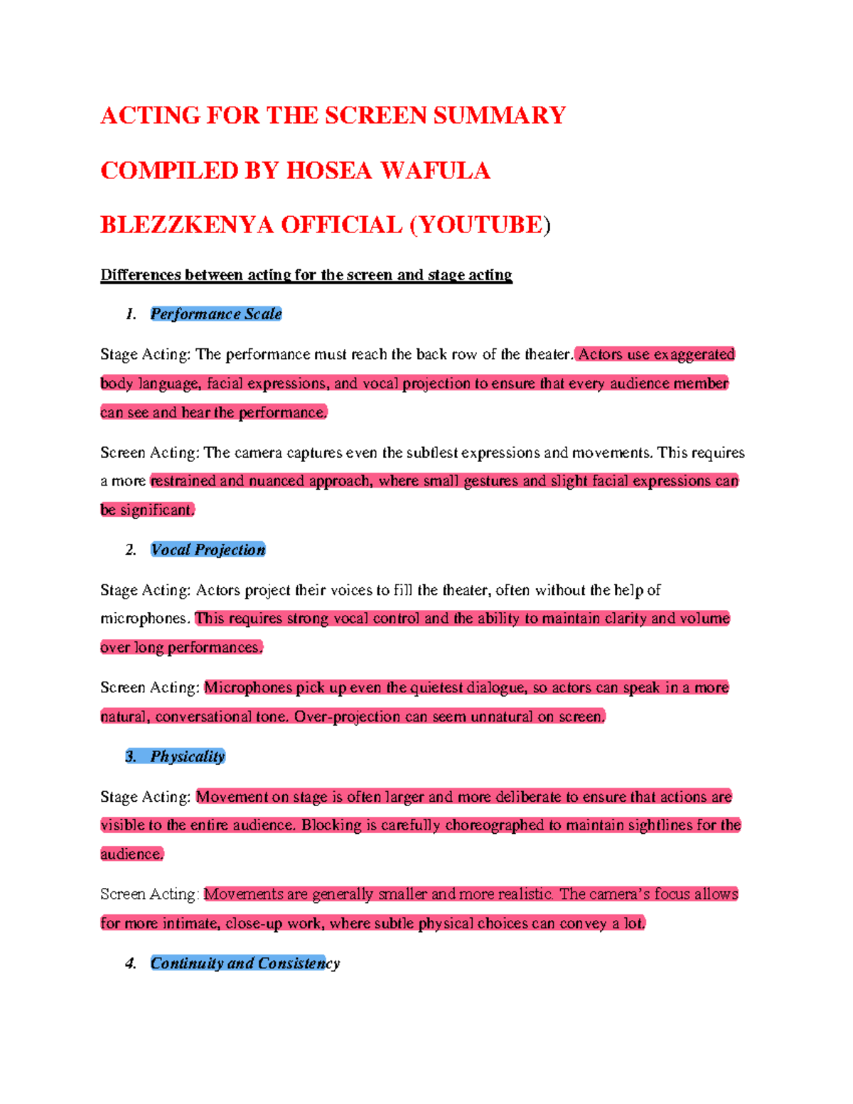 Acting FOR THE Screen Summary - ACTING FOR THE SCREEN SUMMARY COMPILED ...