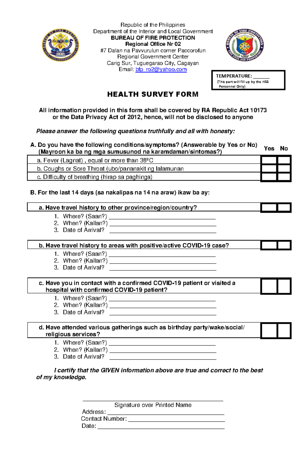 Health Survey Form Covid 19 - Republic of the Philippines Department of ...