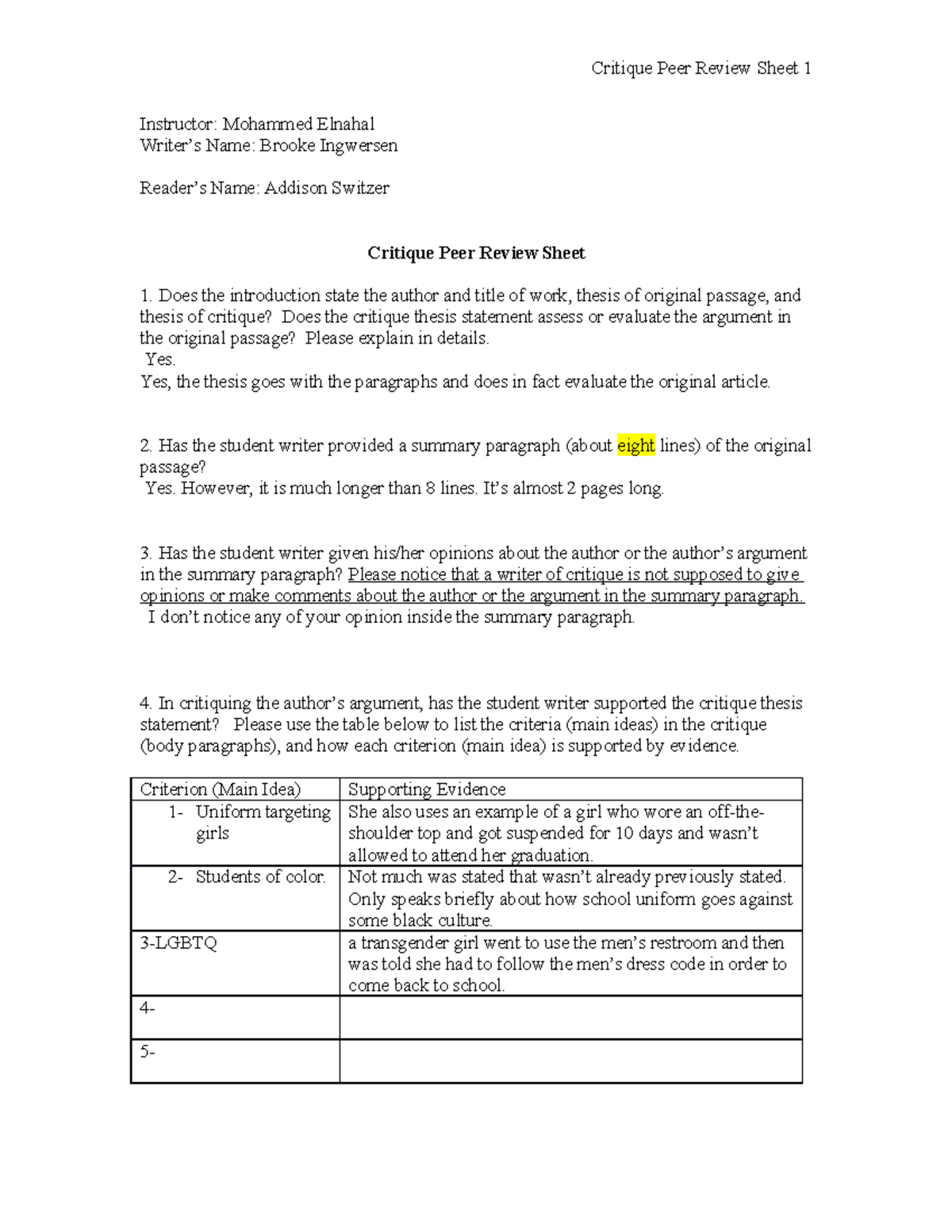 Critique Peer Review of Brooke Ingwersen - Critique Peer Review Sheet 1 ...