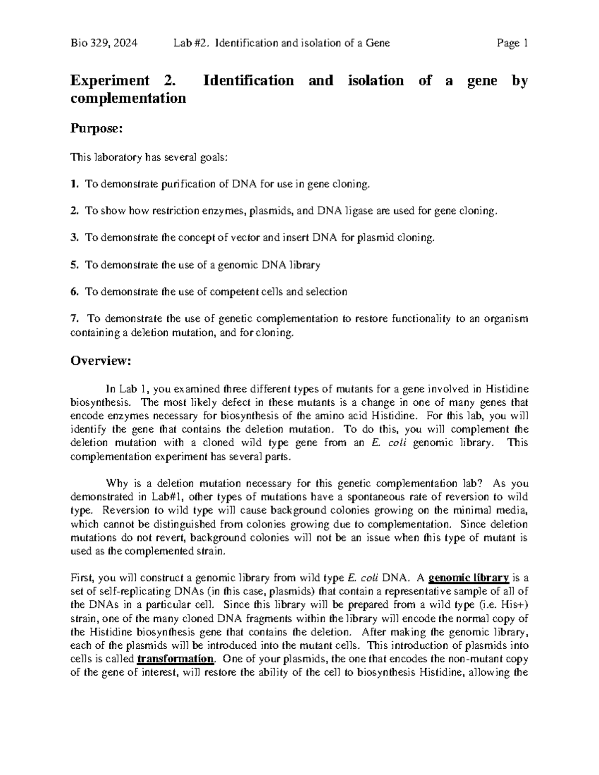 6. Bio329 24 Lab 2 Gene cloning by complimentation - Experiment 2 ...