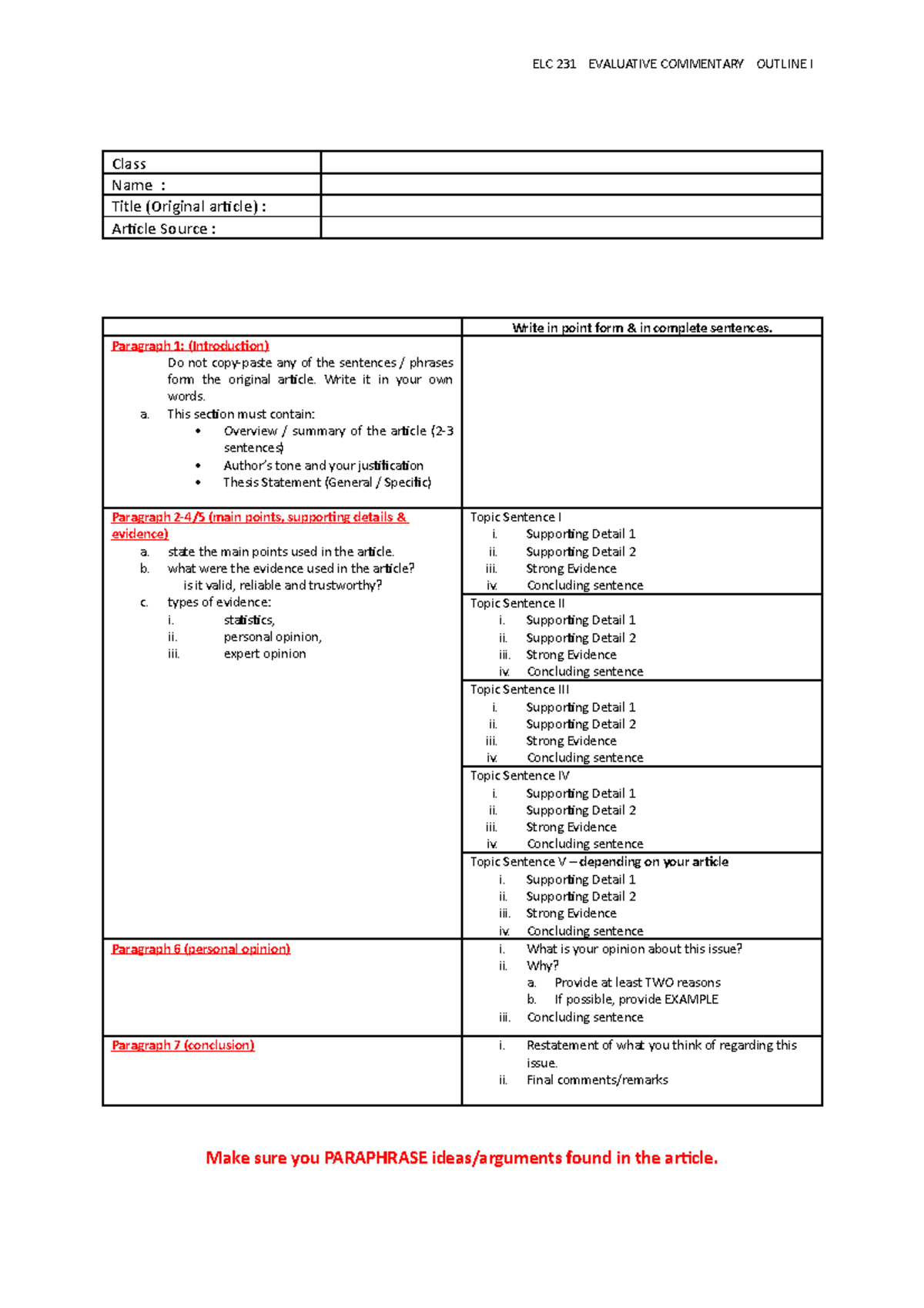 EC Outlline - Stage 2 - DRAFT AS FOR EC TASK - ELC 231 EVALUATIVE ...