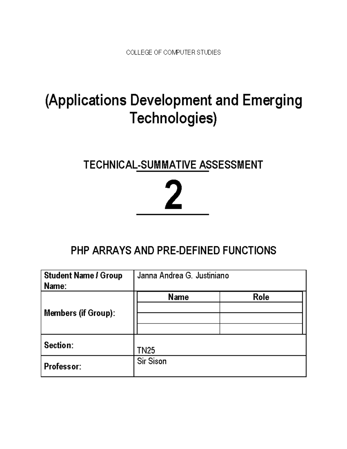 Technical Assesment 2 PHP, HTML, CSS - COLLEGE OF COMPUTER STUDIES (Applications Development and ...