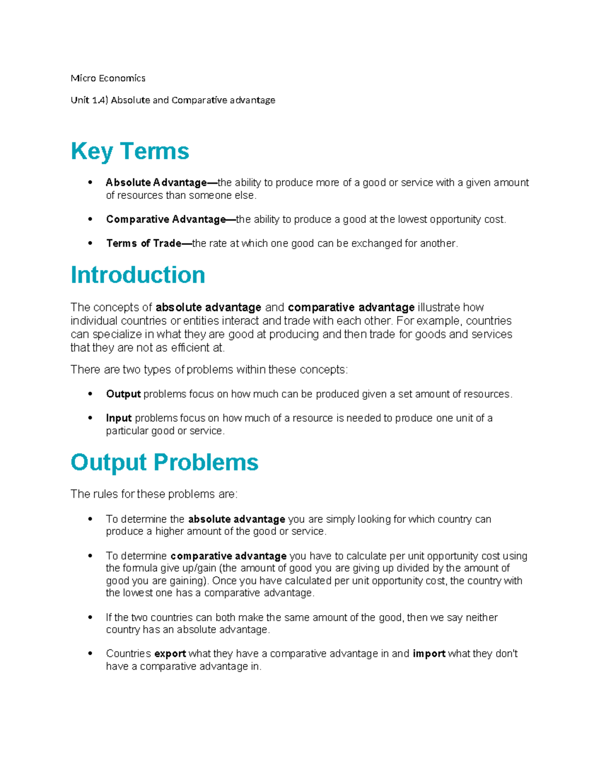 absolute and comparative advantage - Micro Economics Unit 1) Absolute ...