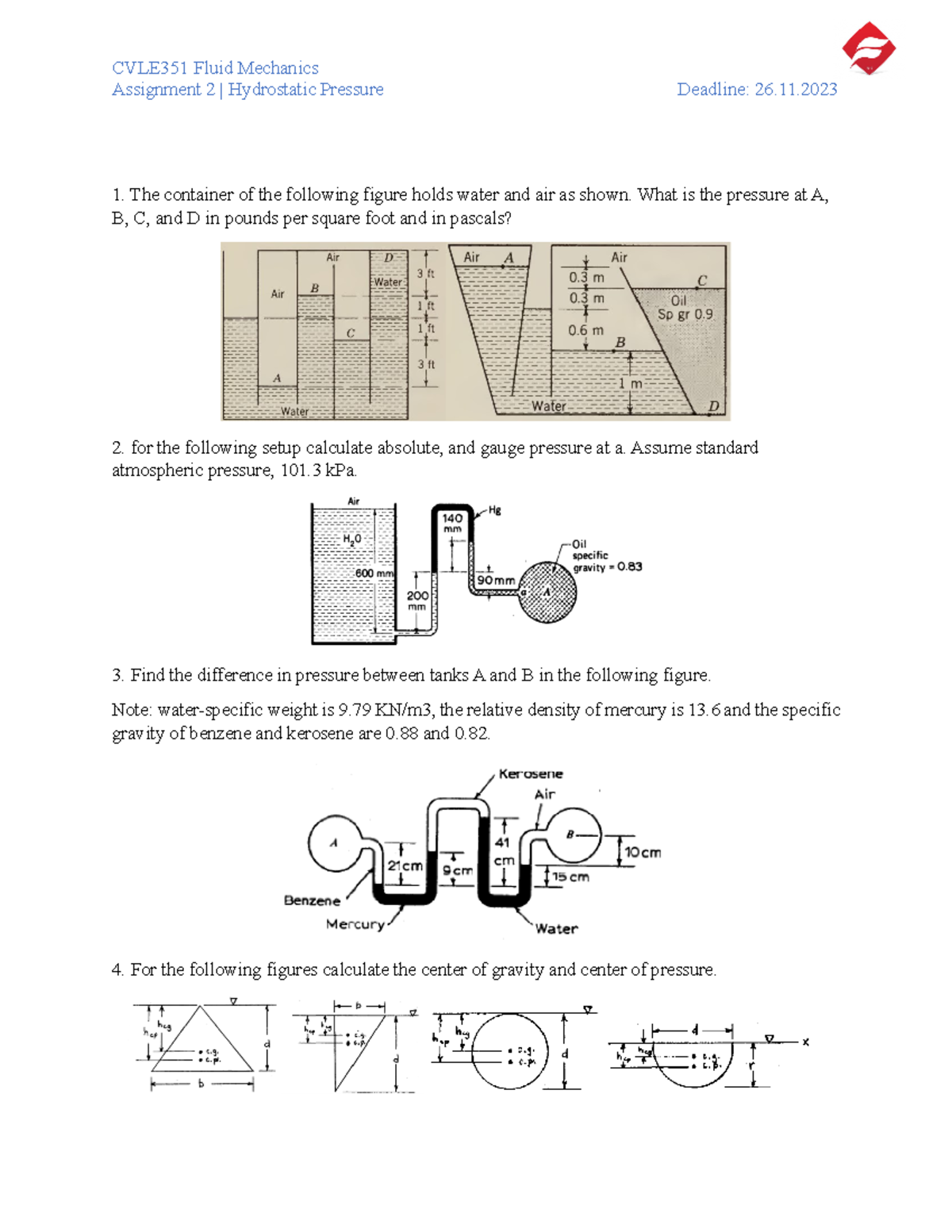 Assignment 2- Hydrostatic Pressure- Fluid Mechanics - CVLE351 Fluid Mechanics Assignment 2 ...