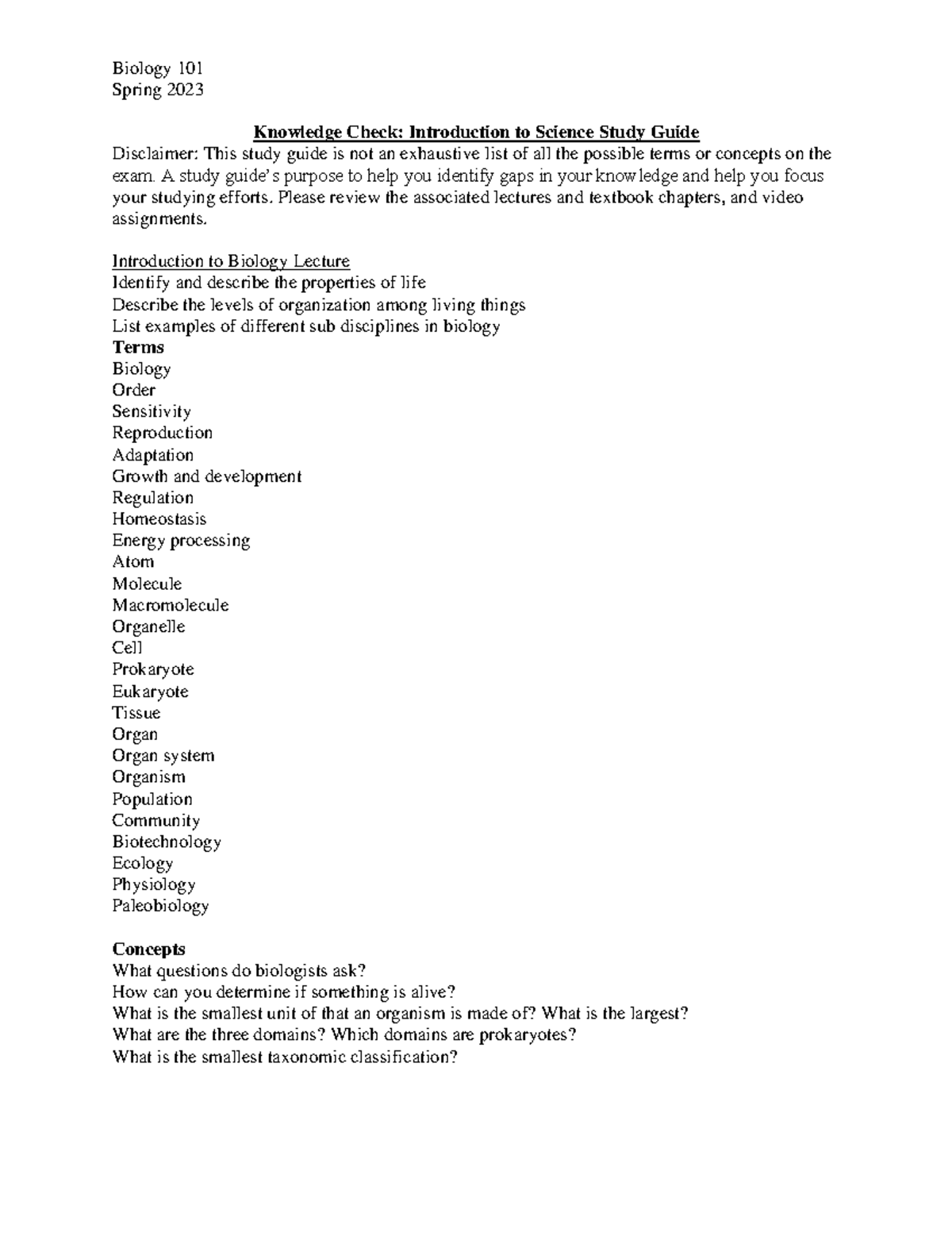 Bio101 Knowledge Check#1 - Spring 2023 Knowledge Check: Introduction to ...