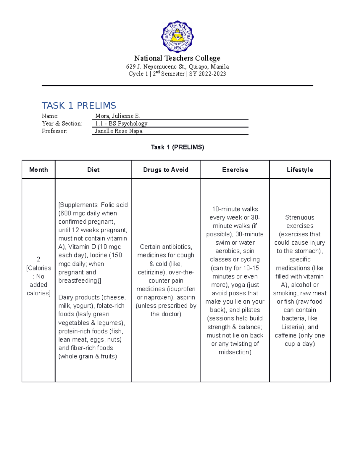 JEMora Prelim Task - For pregnancy planning with exercise, diet, and supplements to avoid and ...