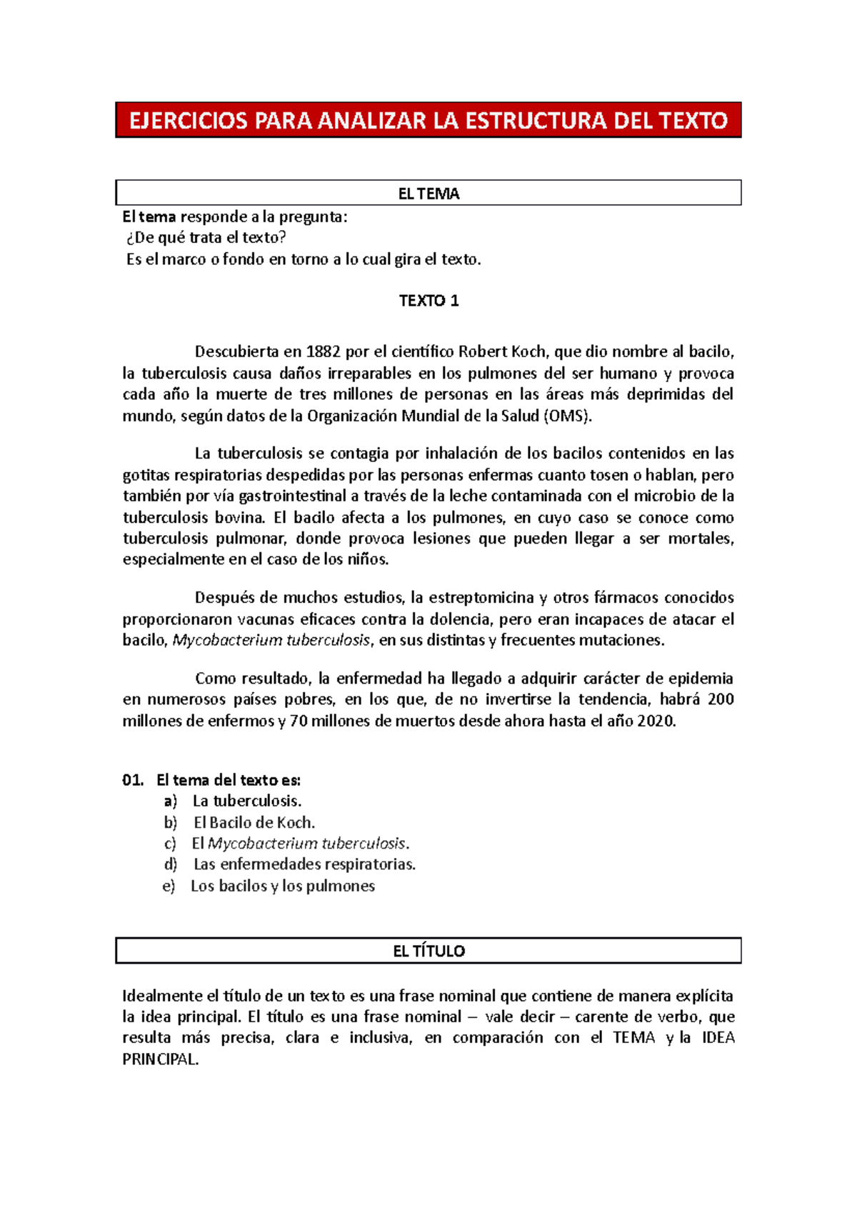 Ejercicios - estructura del texto - EJERCICIOS PARA ANALIZAR LA ...