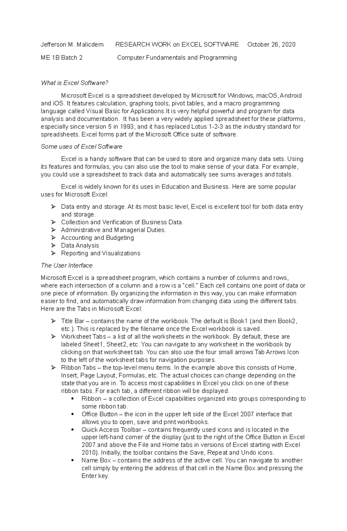Malicdem Jefferson( Excel Software) - Computer Fundamentals and Programming - PangSU - Studocu