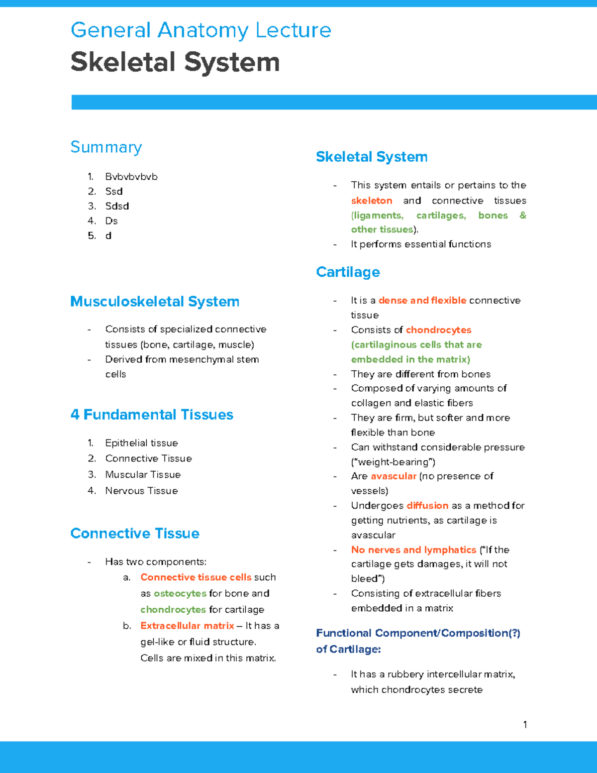 Skeletal System Notes - General Anatomy Lecture Skeletal System Summary ...