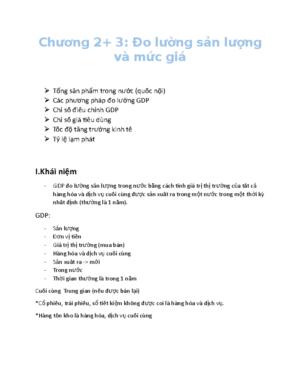 Lí thuyết Kinh tế vĩ mô- Chương 2, 3 - Chương 2+ 3: Đo lường sản lượng và mức giá T ng s n ph m ...