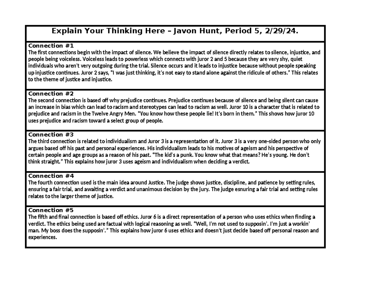 10th Grade Hexagonal Thinking Individual Commentary Sheet - Explain ...